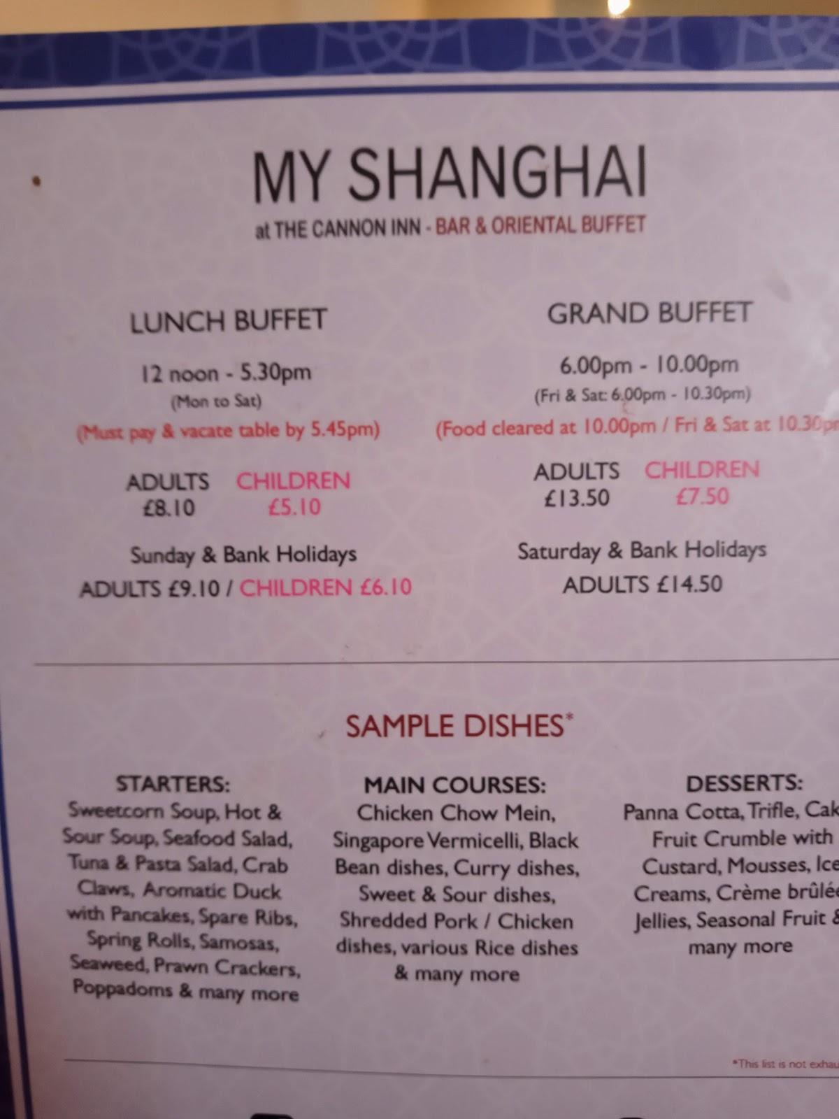 Menu at My Shanghai Bar & Oriental Buffet, North Shields, The Cannon Inn