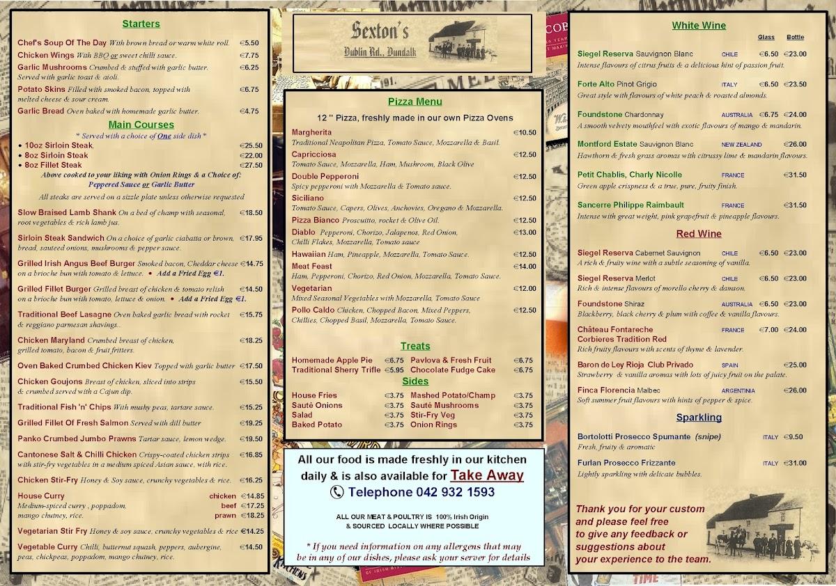 Menu at Sextons Bar and Restaurant, Dundalk