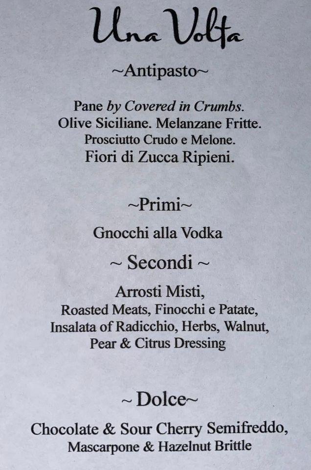 Menu at Una Volta restaurant, Newcastle