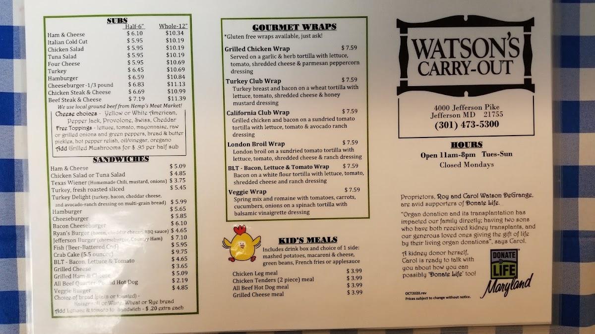 Menu at Watson's Carry-Out pub & bar, Jefferson