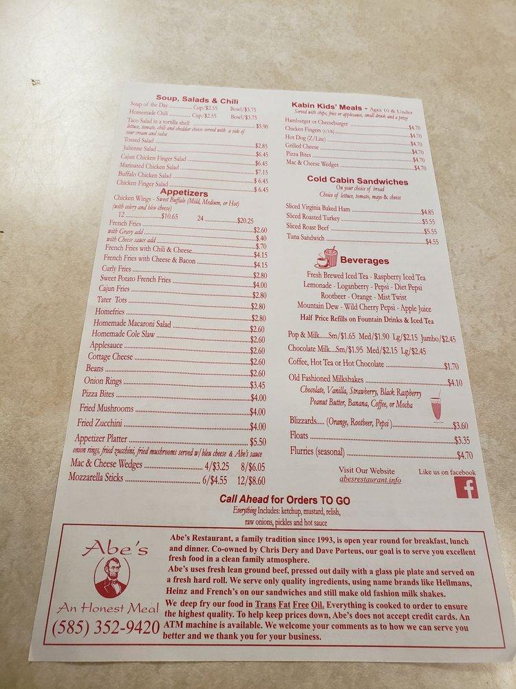 Menu at Abe's Restaurant, Spencerport