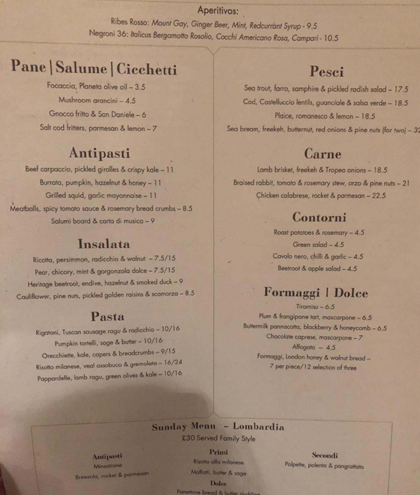 Menu at Cafe Murano Pastificio, London