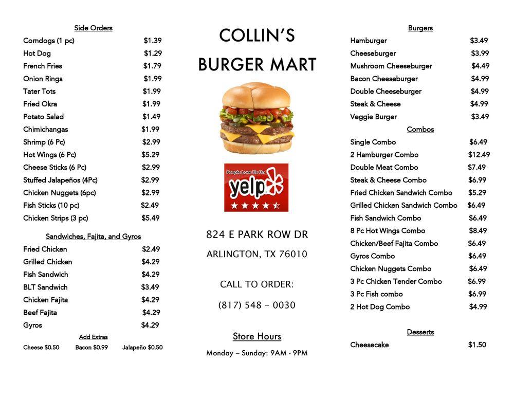 Menu at Collins Burger Mart restaurant, Arlington