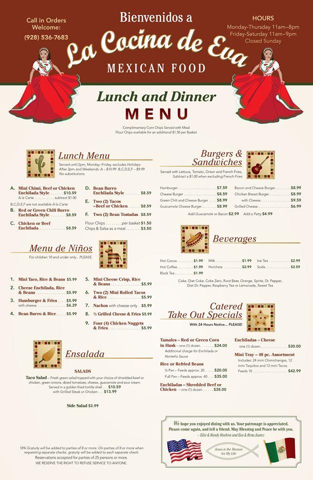 Menu at La Cocina De Eva restaurant, Snowflake, 201 Main St