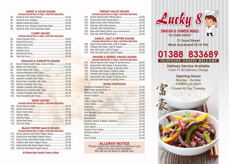Menu at Lucky 8 Chinese Take Away restaurant, Bishop Auckland