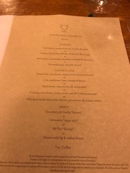 Menu at Mr Fox restaurant, Dublin