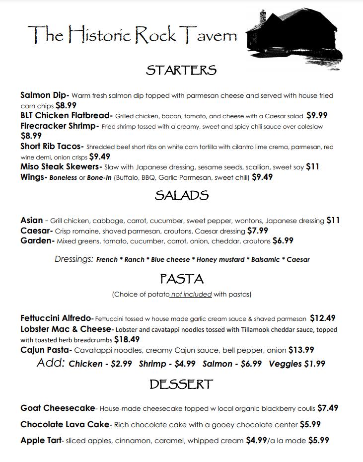 Menu at The Historic Rock Tavern pub & bar, Grey Eagle, Co Rd 47