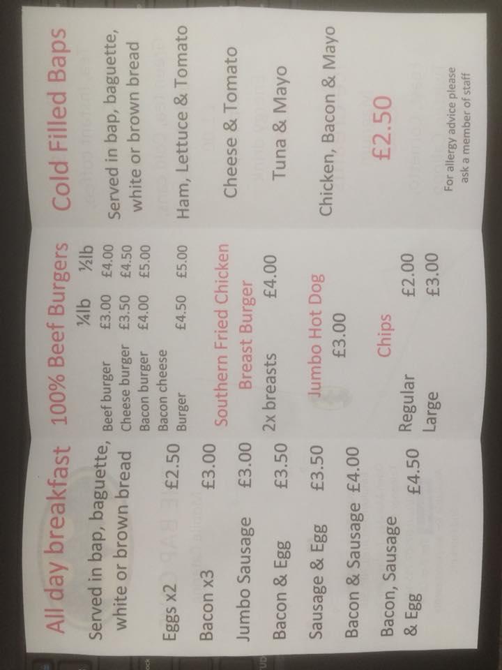 Menu at The bap cave, Norwich