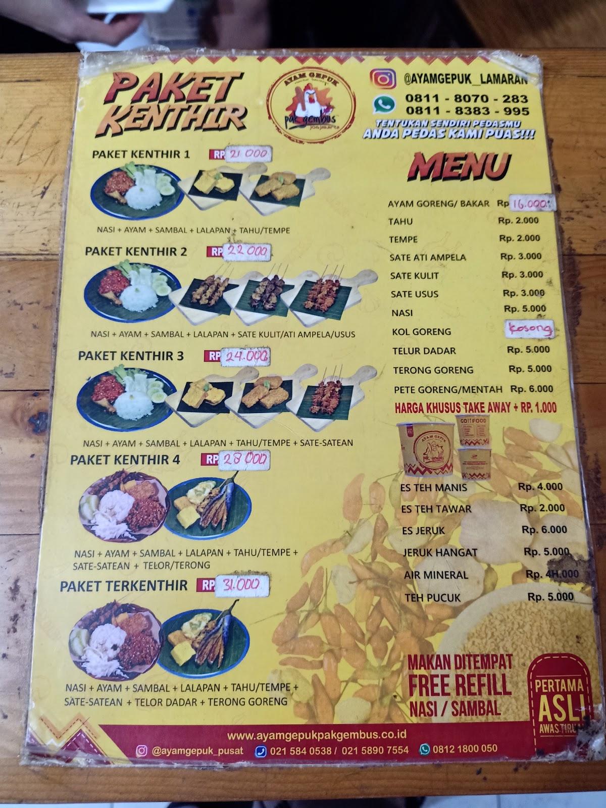 Menu at Ayam Gepuk Pak Gembus, Karawang, Jl. Raya Syeh Quro No.6-13