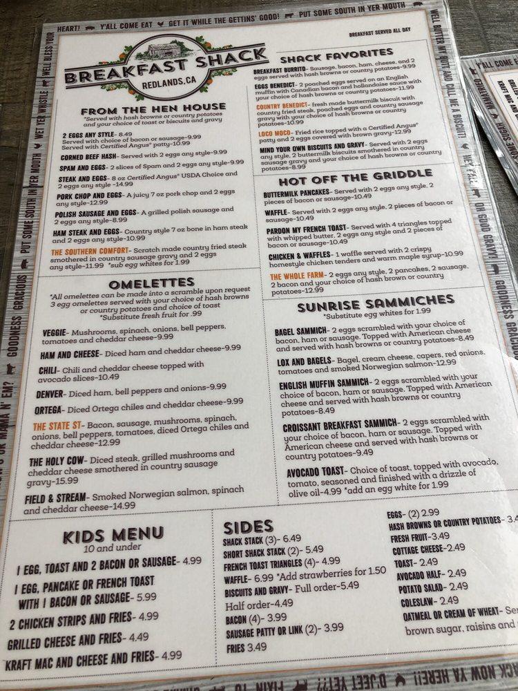 Menu at Breakfast Shack restaurant, Redlands