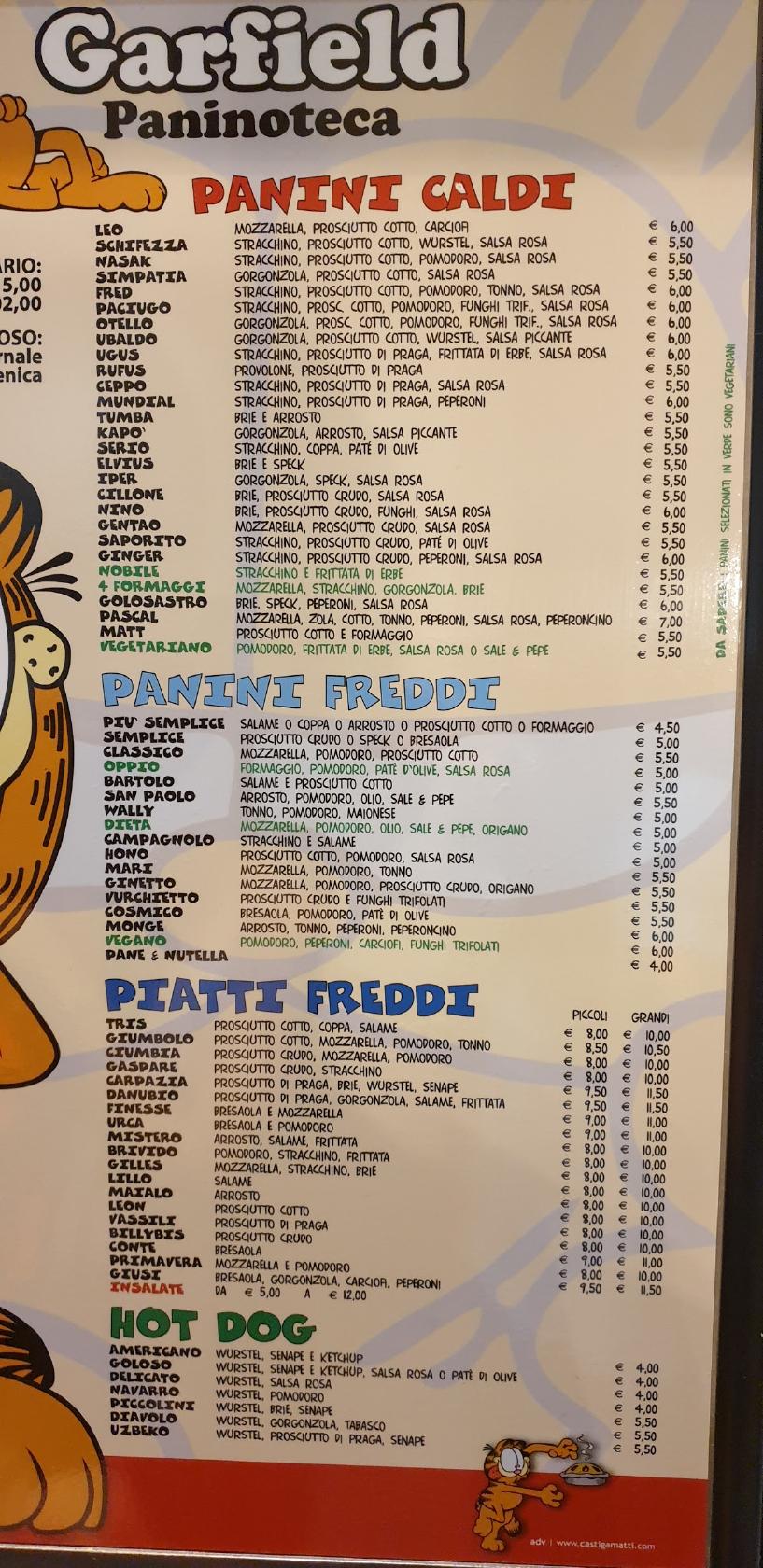 Menu at Garfield pub & bar, Loano