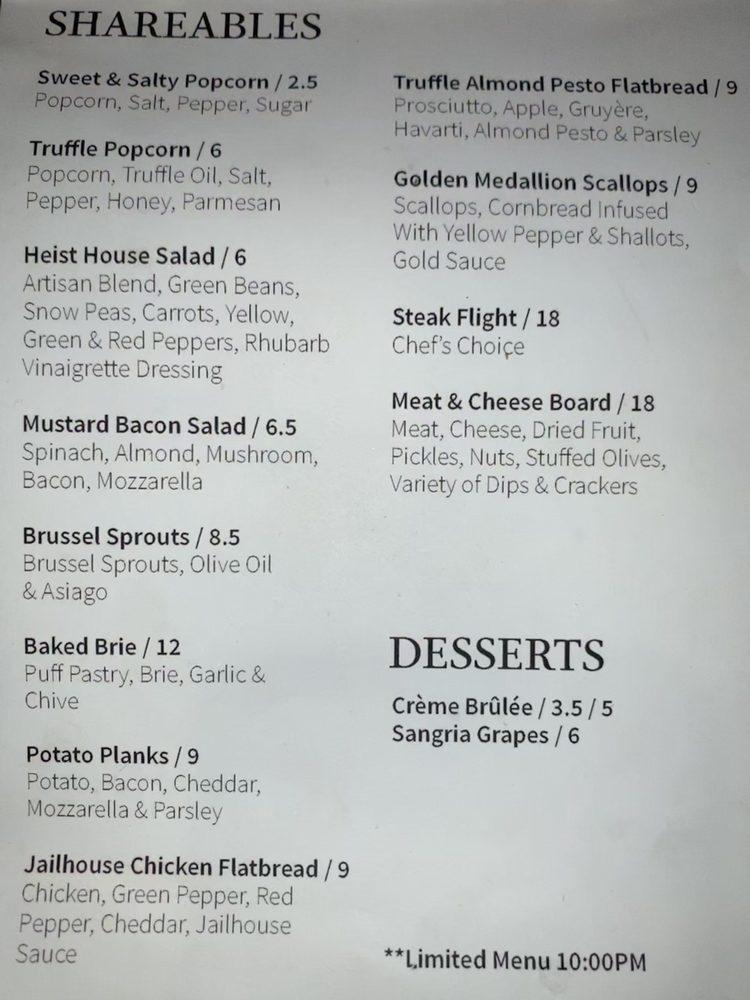 Menu at Heist + Co pub & bar, Harrison