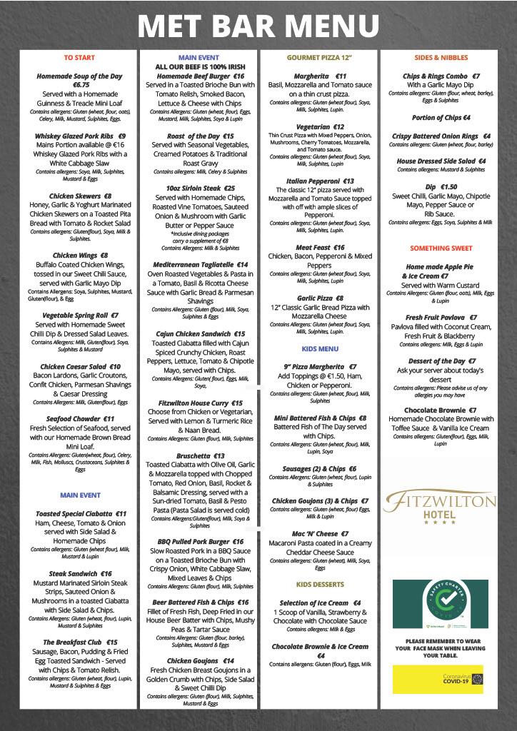 Menu at Met Bar, Waterford
