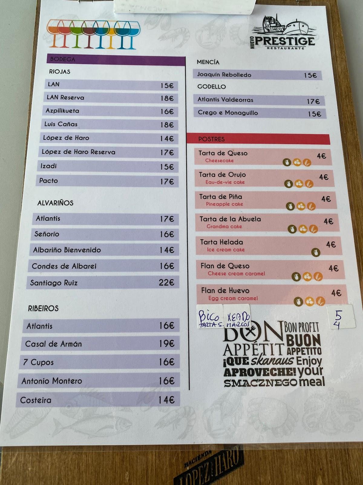Menu at O Prestige restaurant, Fisterra