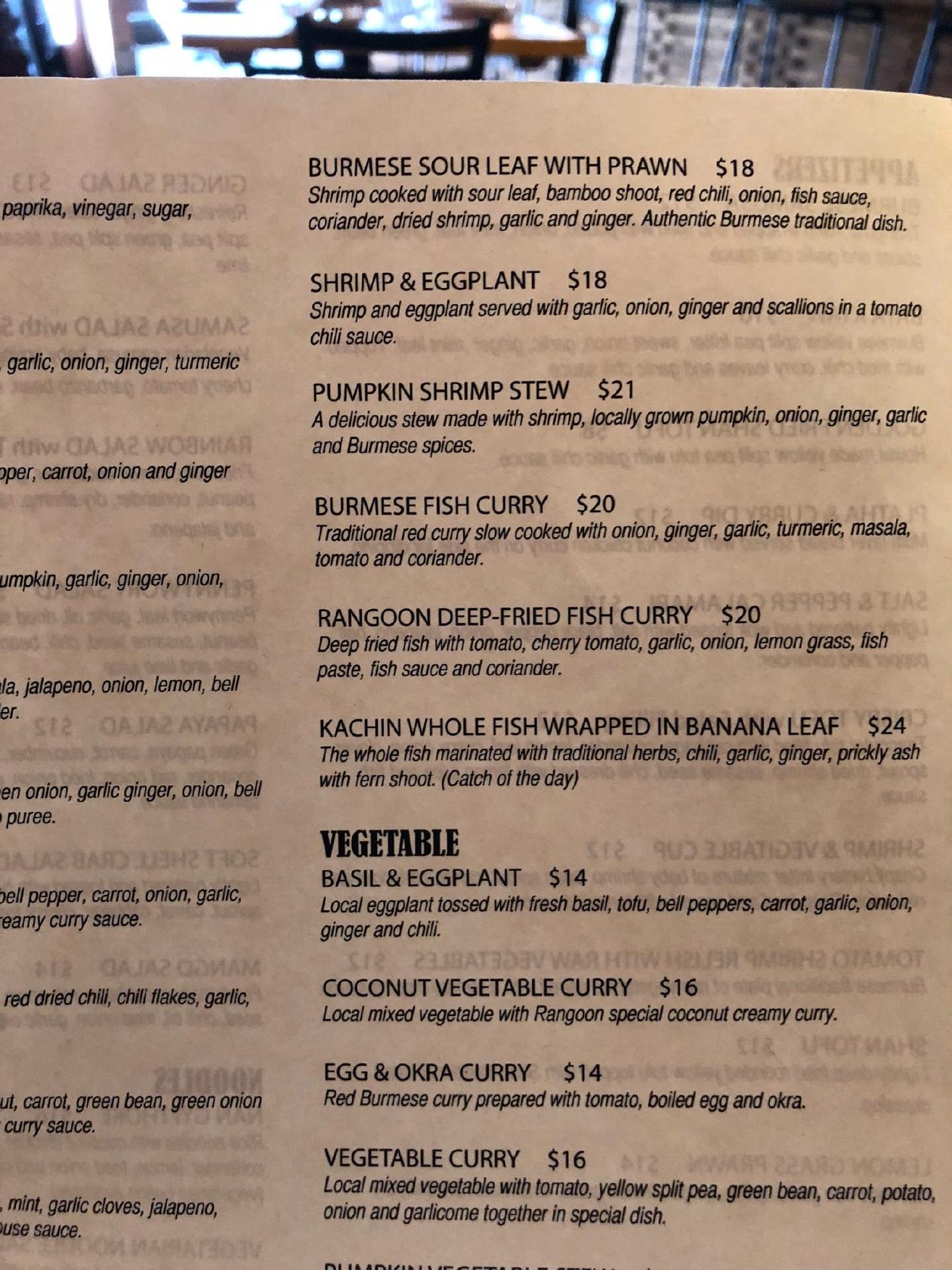 Menu at Rangoon Burmese kitchen restaurant, Honolulu