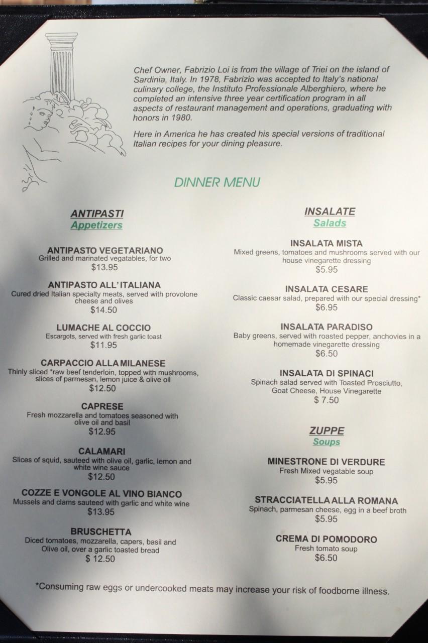 Menu at Ristorante Paradiso restaurant, Kirkland