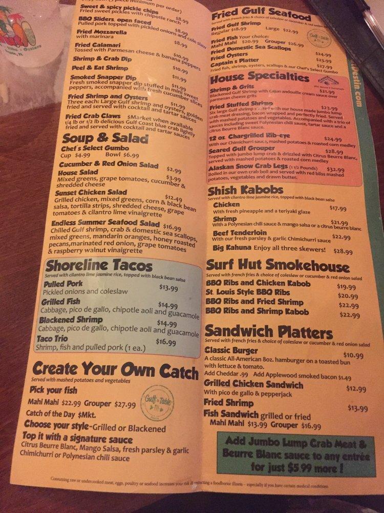 Menu at Surf Hut restaurant, Destin