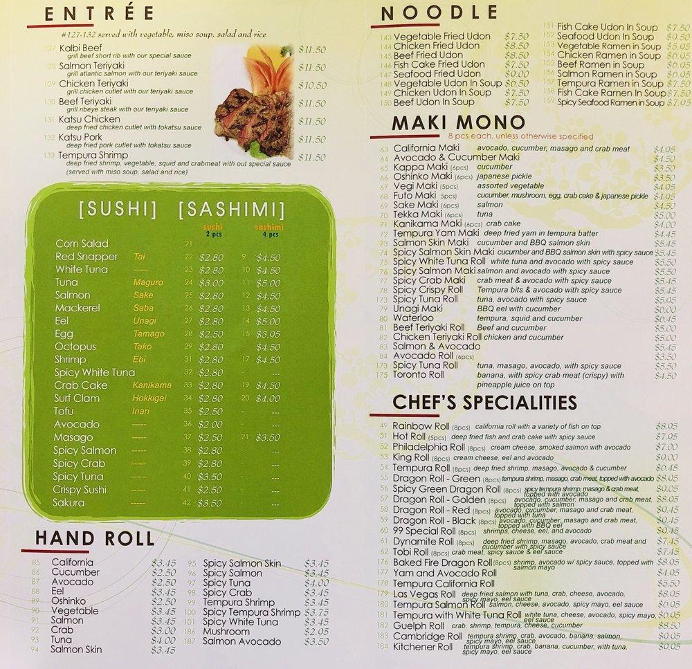 Menu at Sushi 99 restaurant, Waterloo