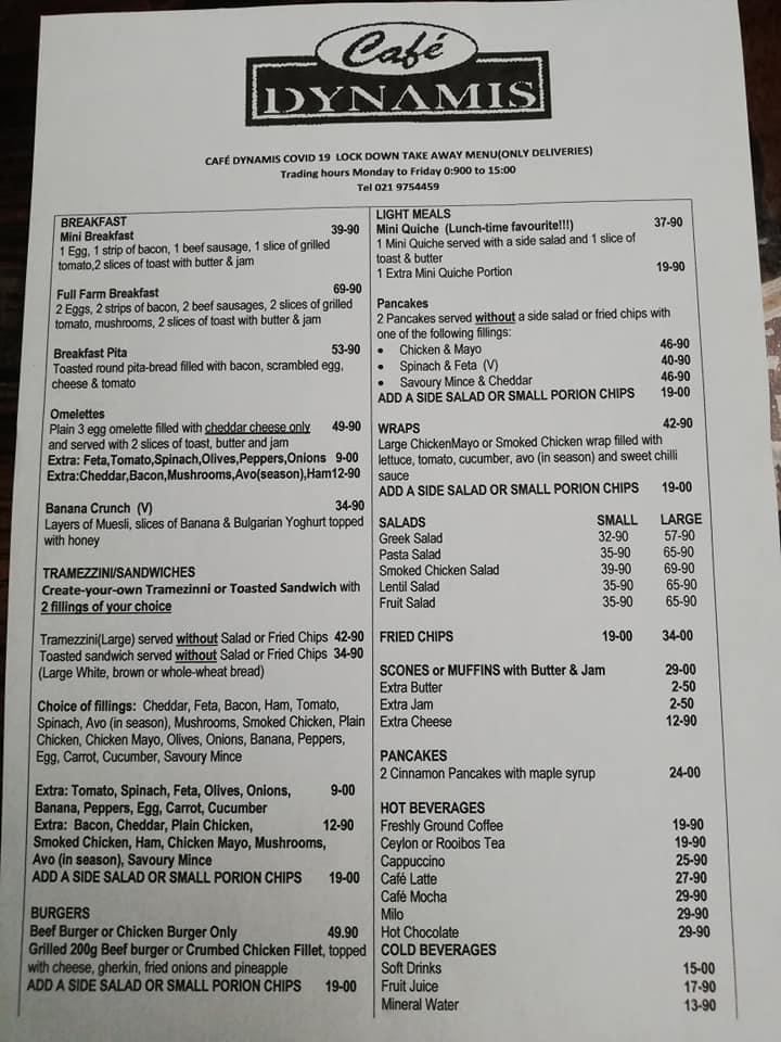 Menu at Café Dynamis Coffee Shop cafe, Cape Town