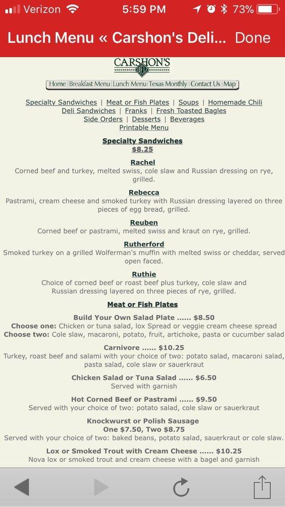 Menu at Carshon's Delicatessen restaurant, Fort Worth