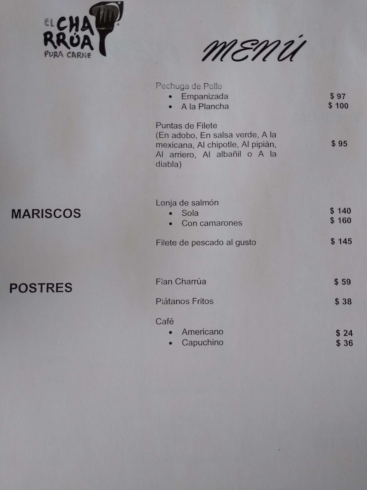 Carta de parrilla El Charrua Pura Carne, Oaxaca