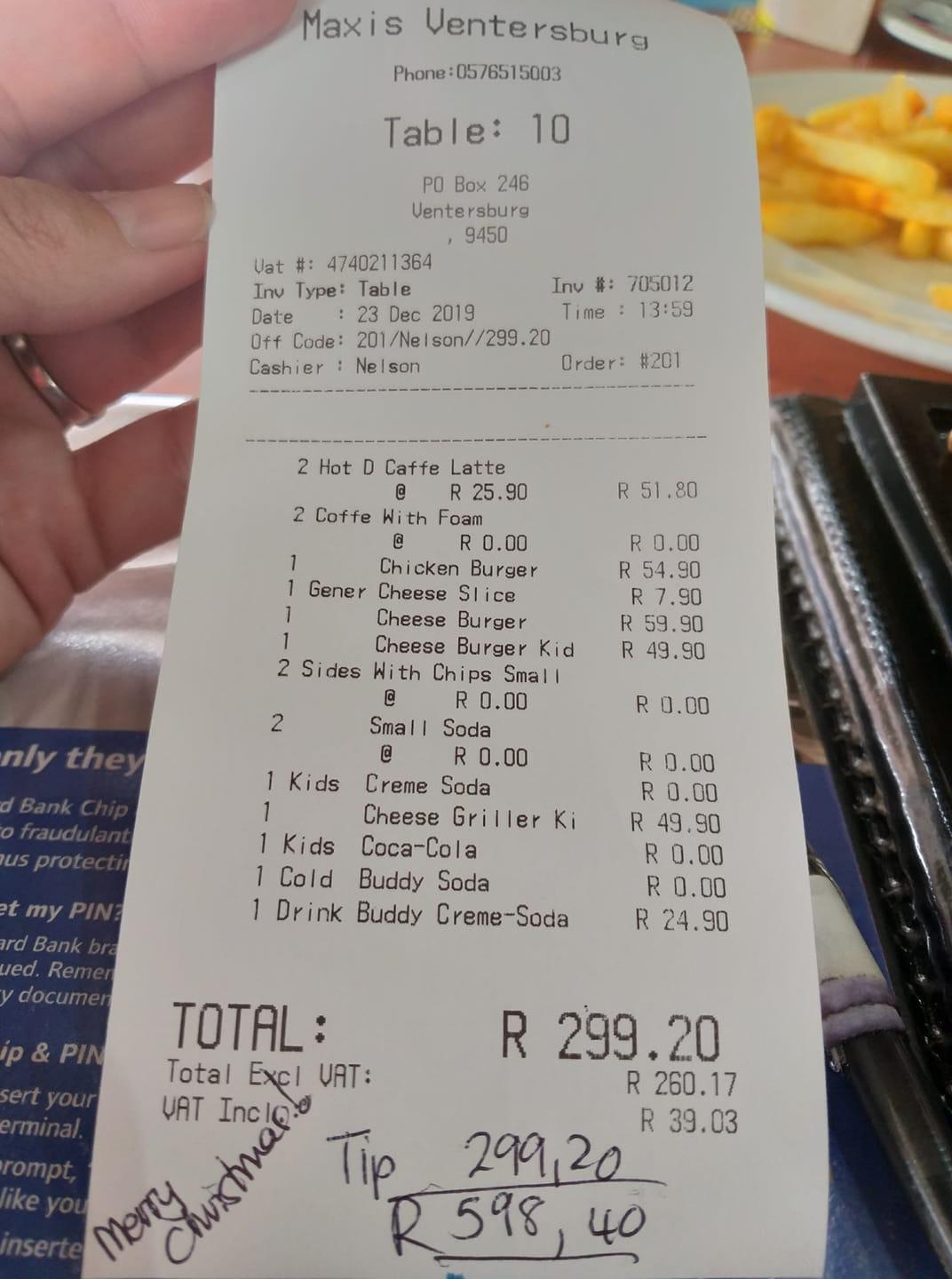 Menu at Maxi's restaurant, Ventersburg