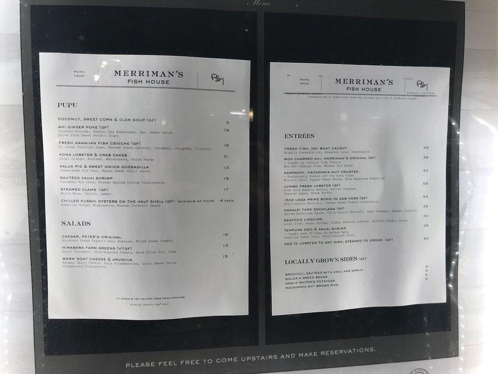 Menu at Merriman's Kauai restaurant, Koloa, Ala Kalanikaumaka St