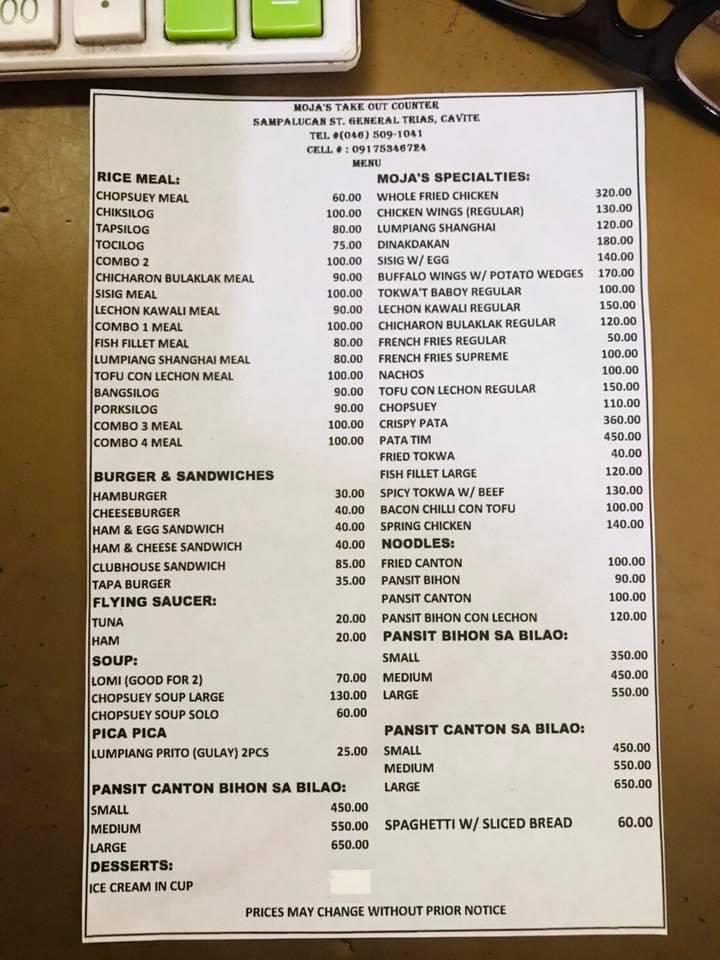 Menu at Mojas (Take Out Counter) restaurant, General Trias