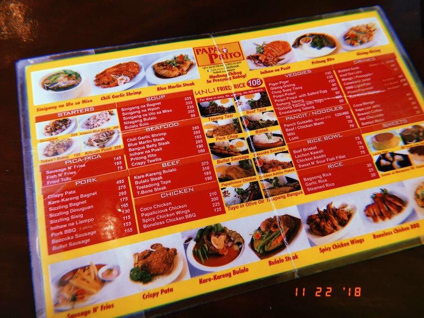 Menu at Papa Prito restaurant, Tagaytay, Unit 2B-4 Grandview Complex Brgy