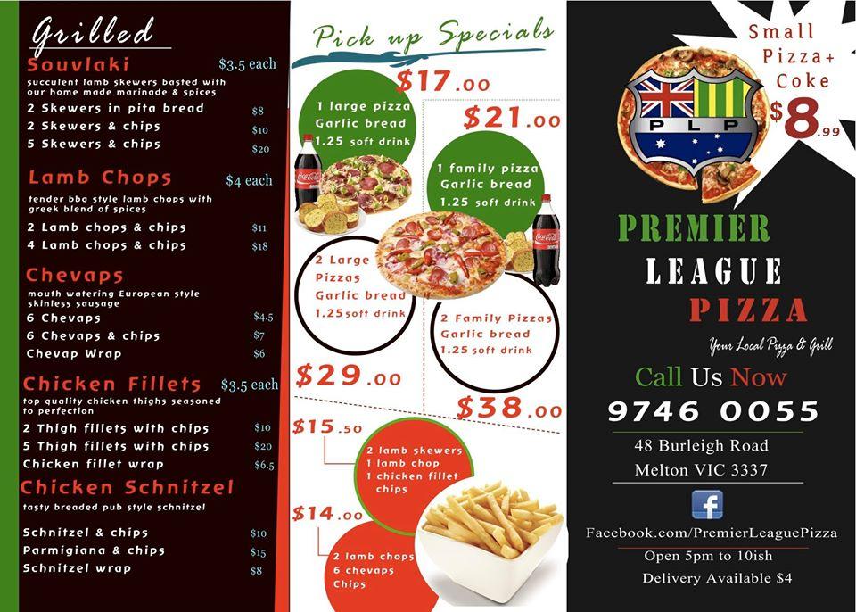 Menu at Premier League Pizza pizzeria, Melton