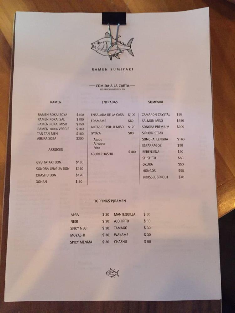 Menu at Rokai Ramen-Ya restaurant, Mexico City