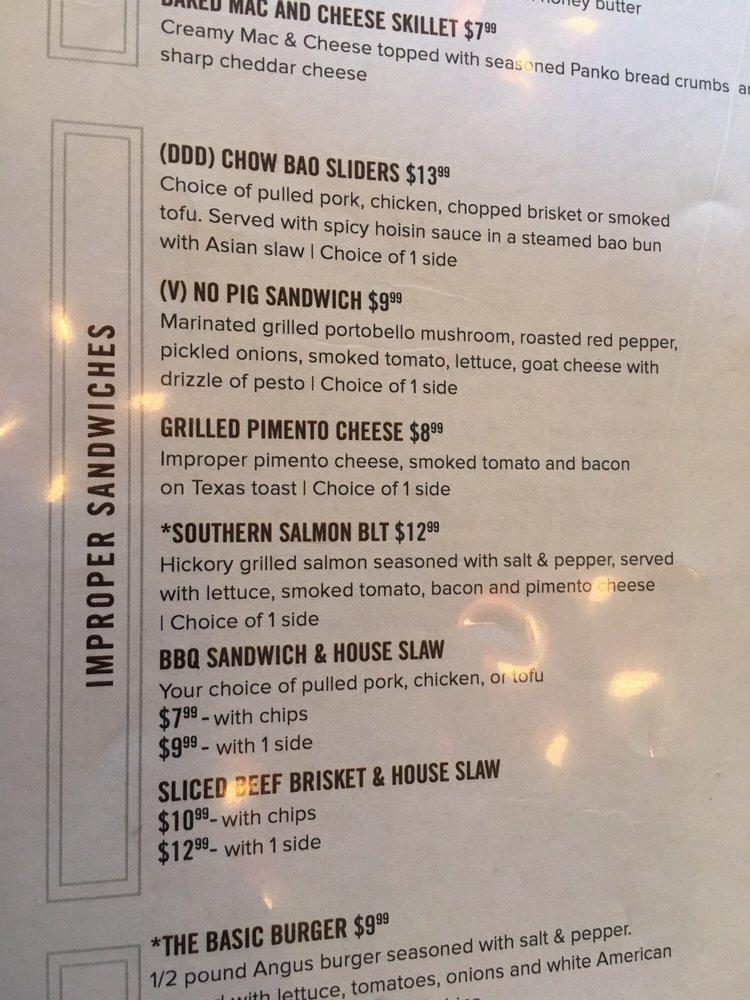 Menu at The Improper Pig @ Fort Mill BBQ, Fort Mill