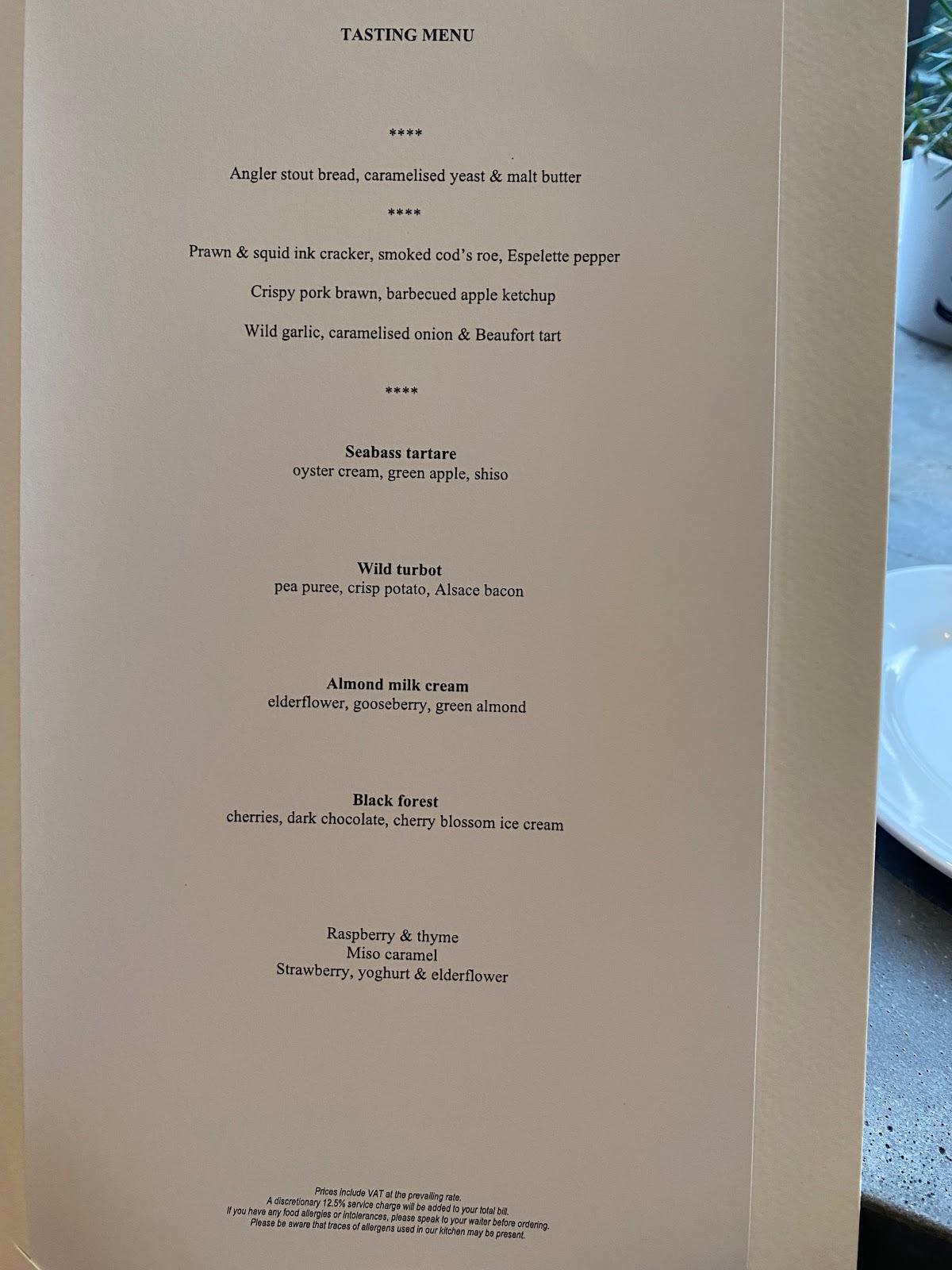 Menu at Angler restaurant, London