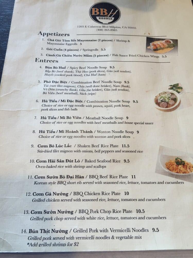 Menu at BBH Noodle restaurant, Milpitas