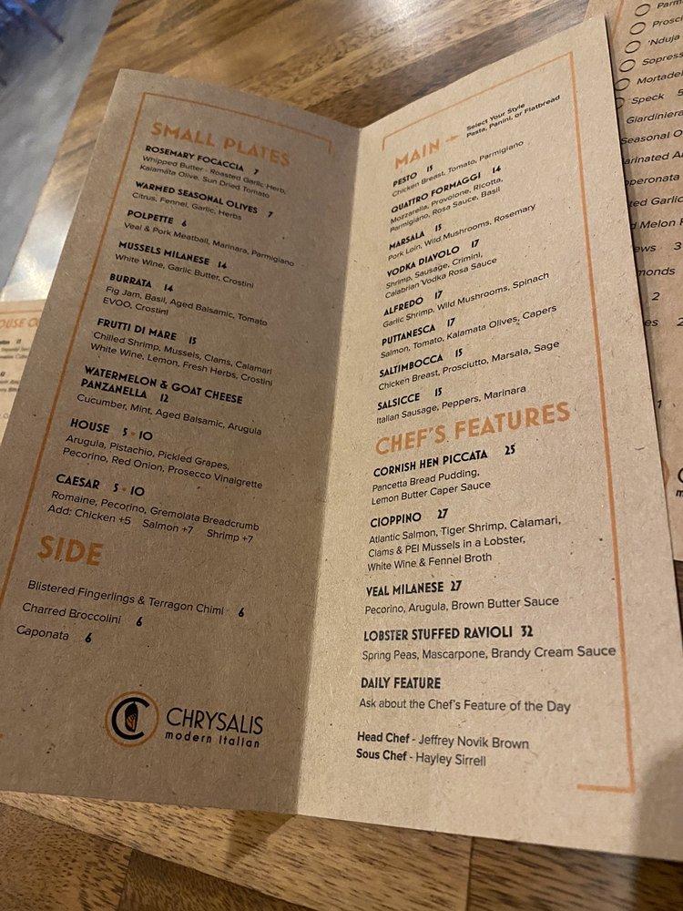 Menu at Chrysalis Modern Italian restaurant, Franklin