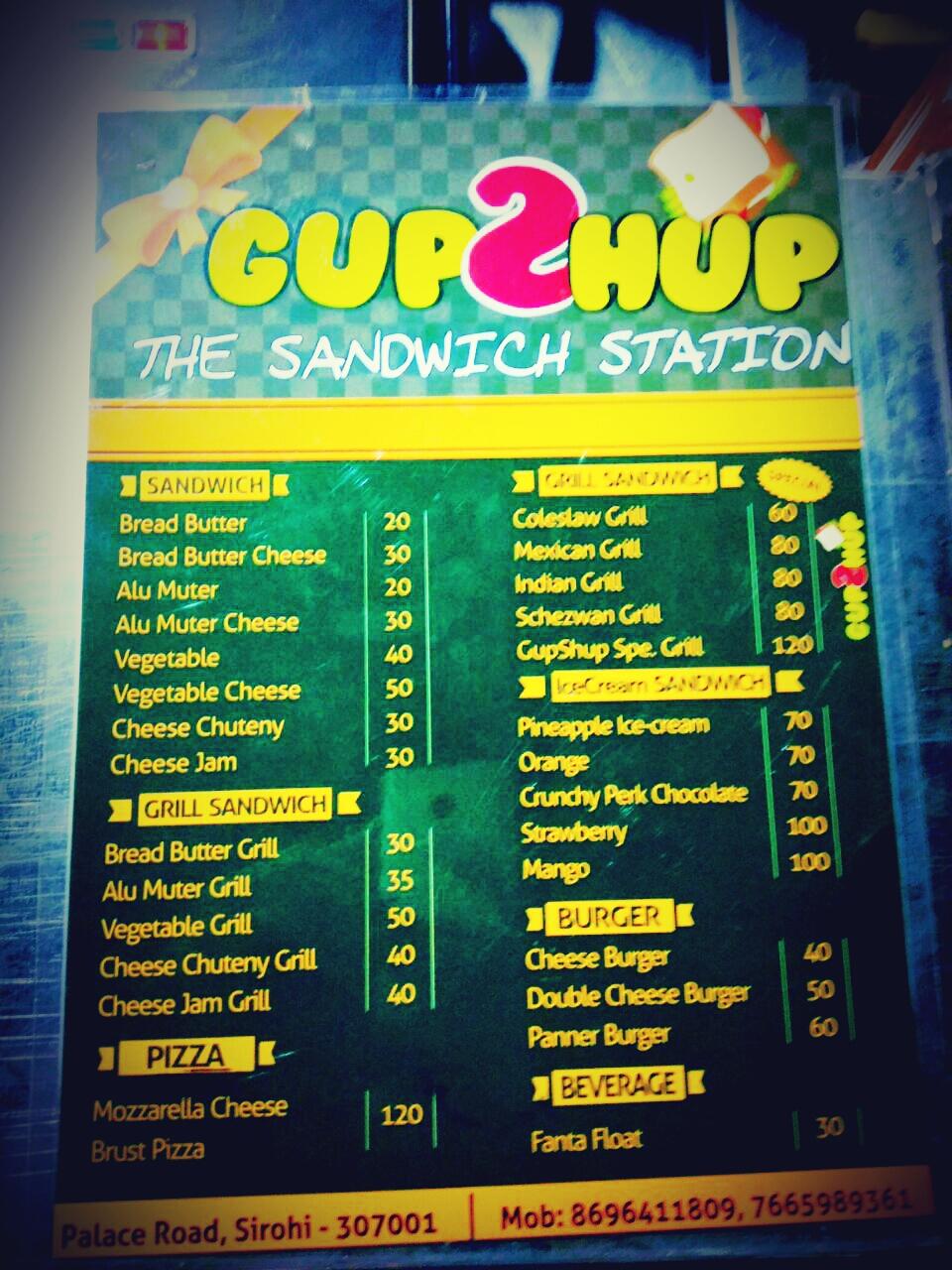Menu at Gupshup sandwich station, Sirohi