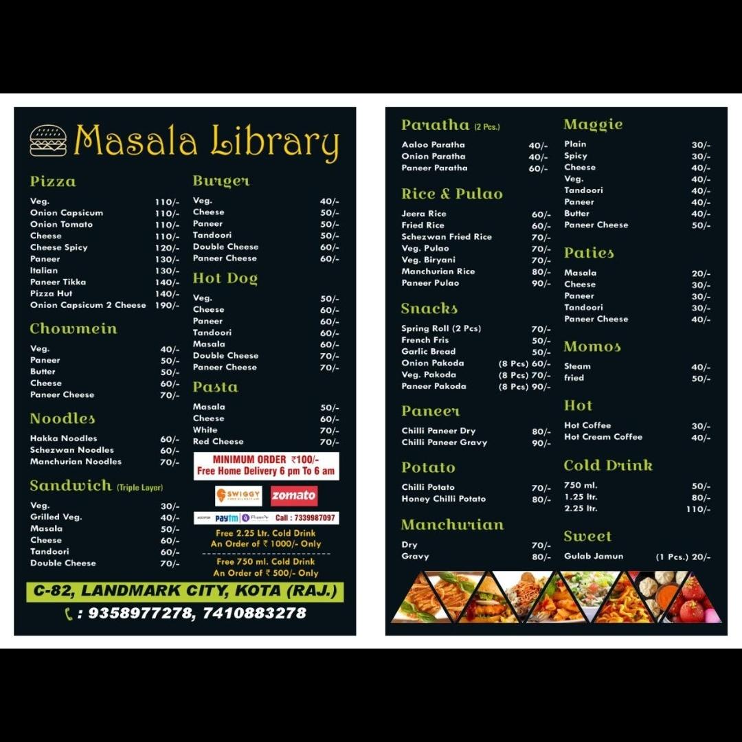 Menu at masala library, Kota