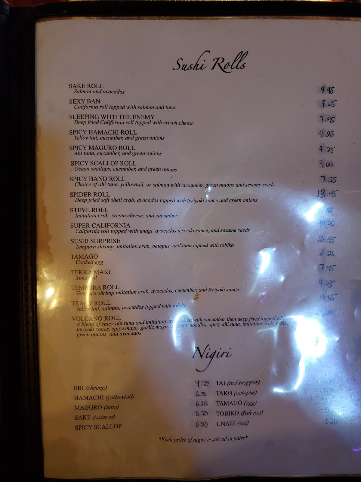 Menu at Musashi restaurant, Tracy