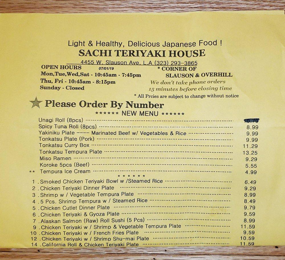Menu at Sachi Teriyaki House restaurant, Los Angeles