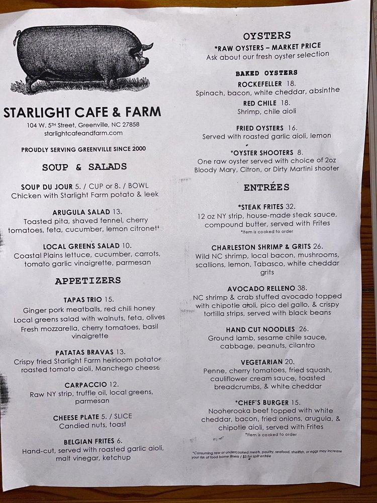 Menu at Starlight Cafe and Farm, Greenville