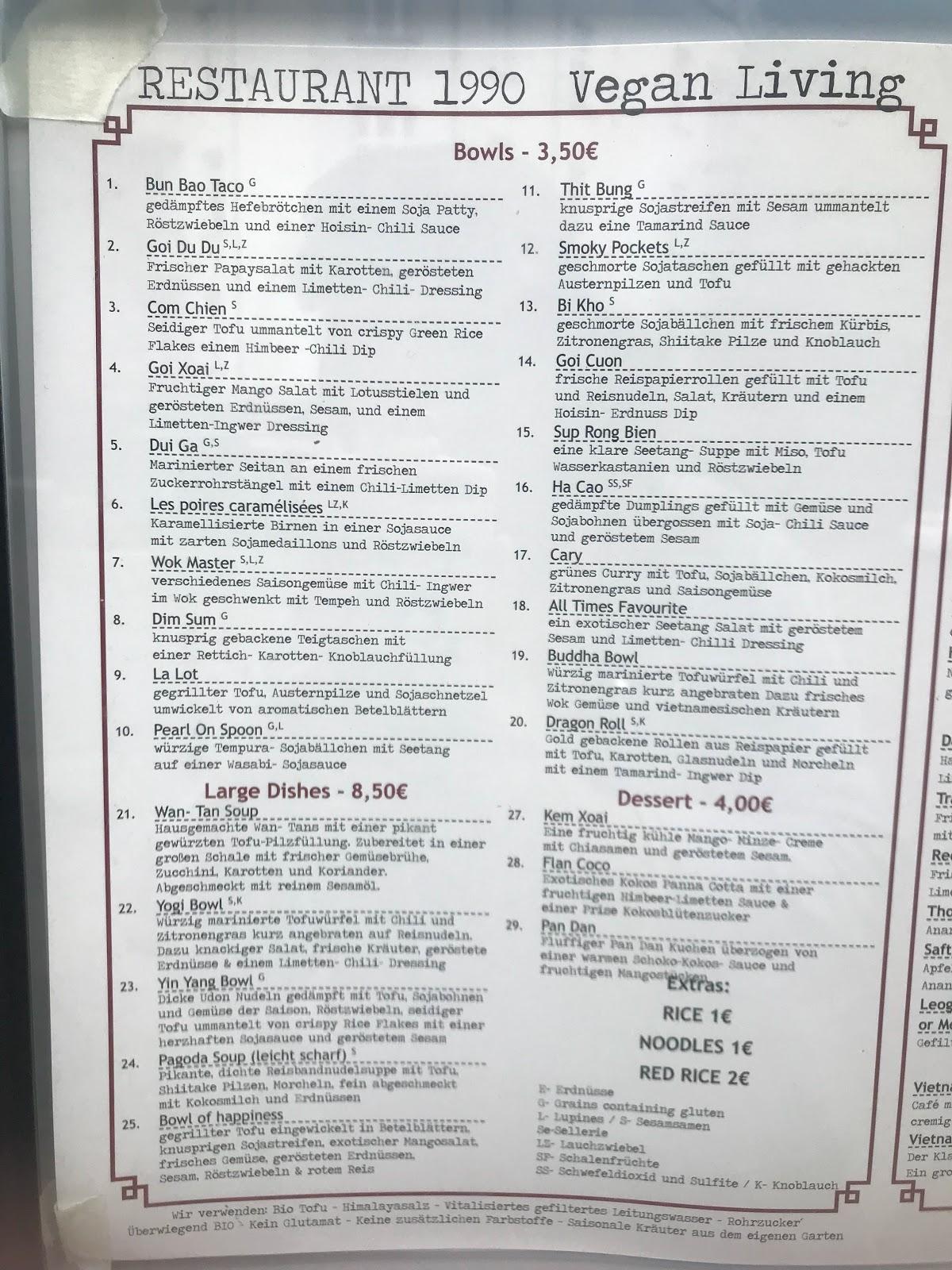 Menu at 1990 Vegan Living restaurant, Berlin