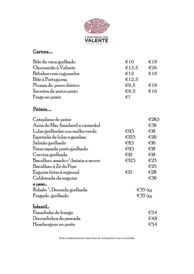Menu em Cantinho do Valente restaurante, Ovar