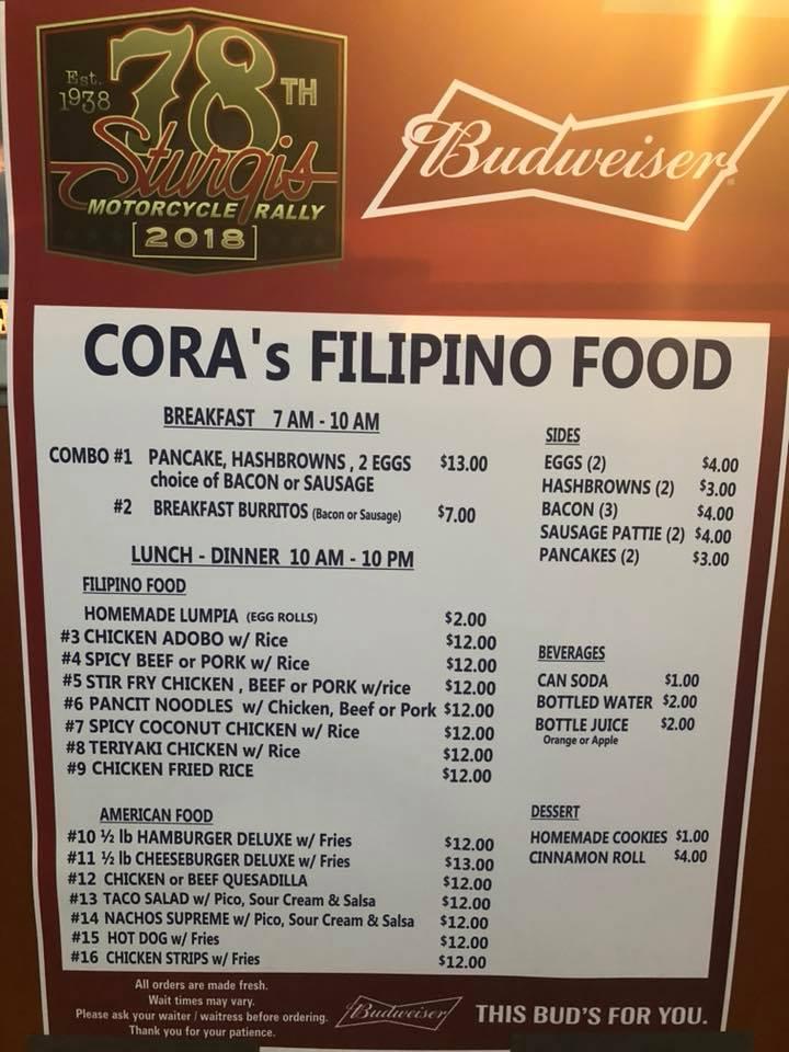 Menu at Cora's Filipino kitchen restaurant, Sturgis