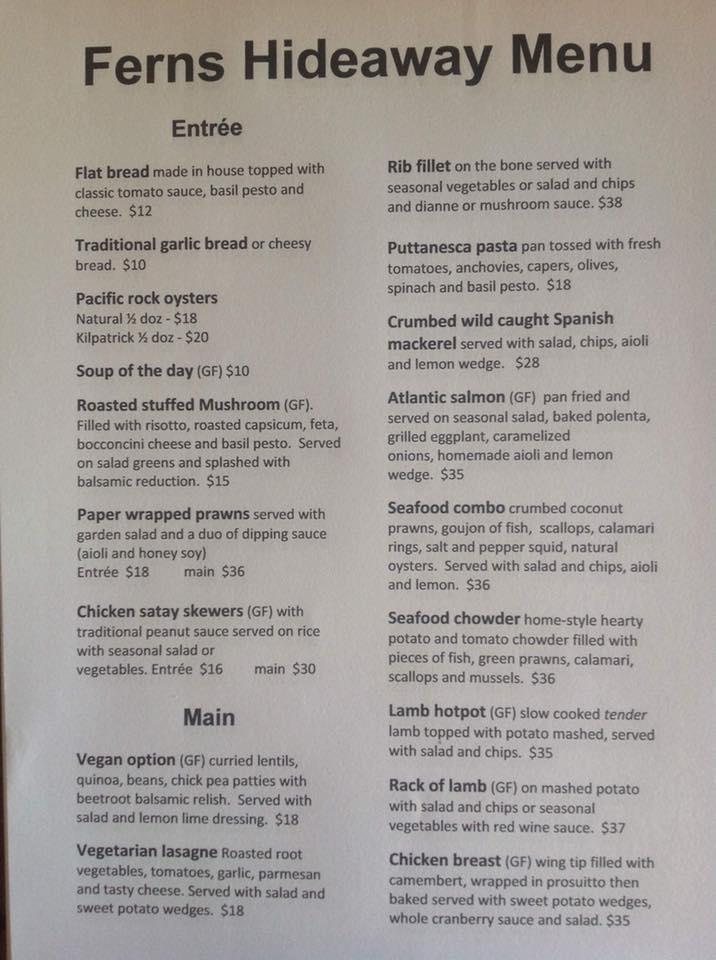 Menu at Ferns Hideaway pub & bar, Byfield