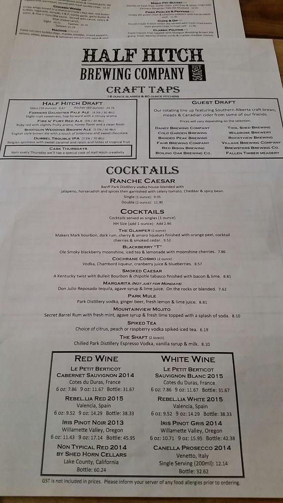 Menu at Half Hitch Brewing Company pub & bar, Cochrane