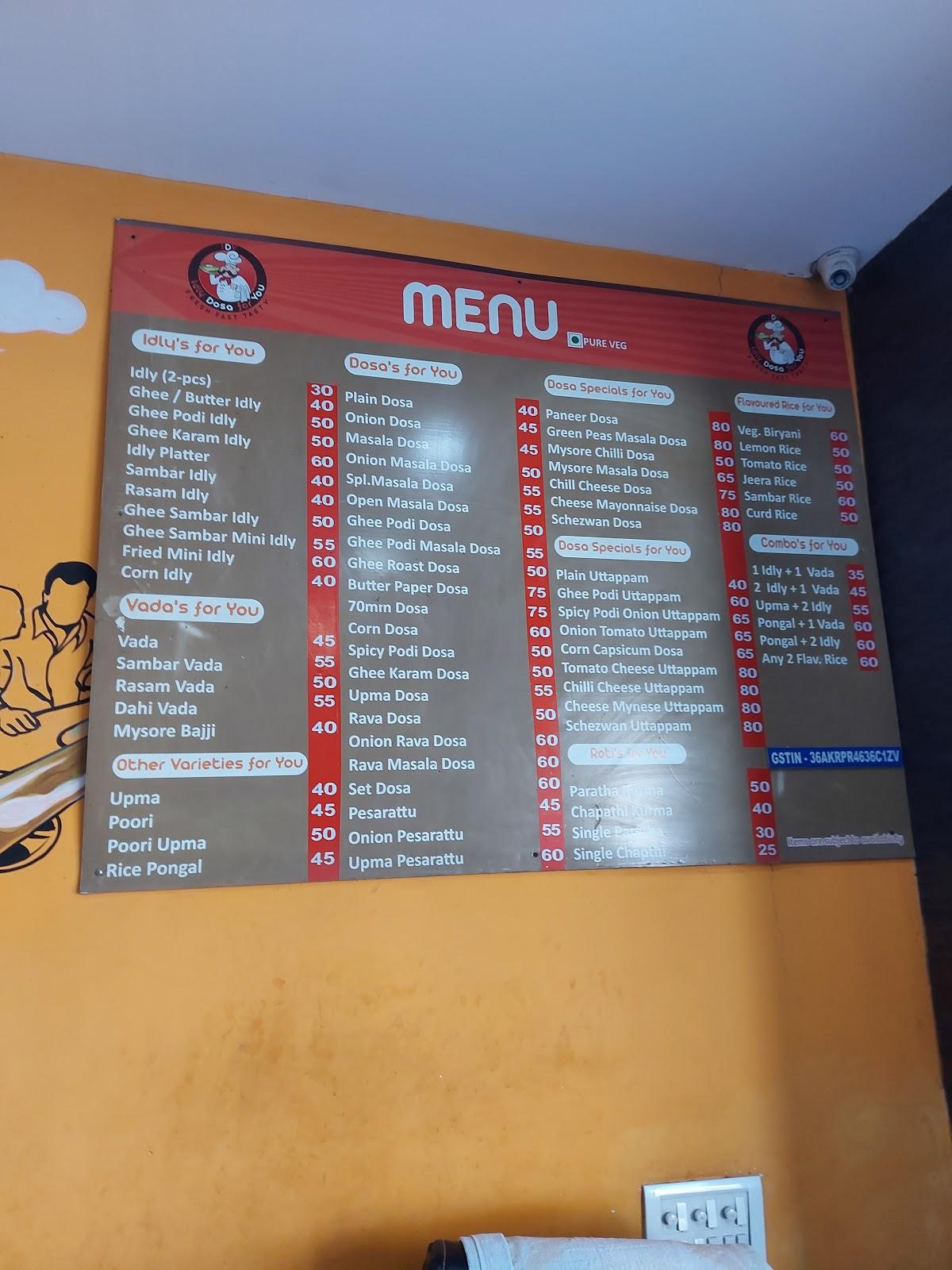 Menu at IDLY DOSA FOR YOU, Hyderabad, 4