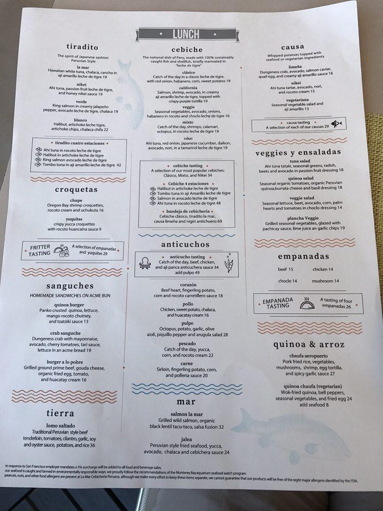 Menu at La Mar Cocina Peruana restaurant, San Francisco