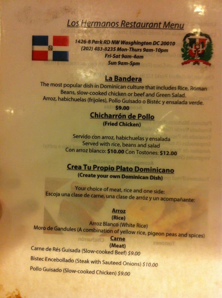 Menu at Los Hermanos restaurant, Washington