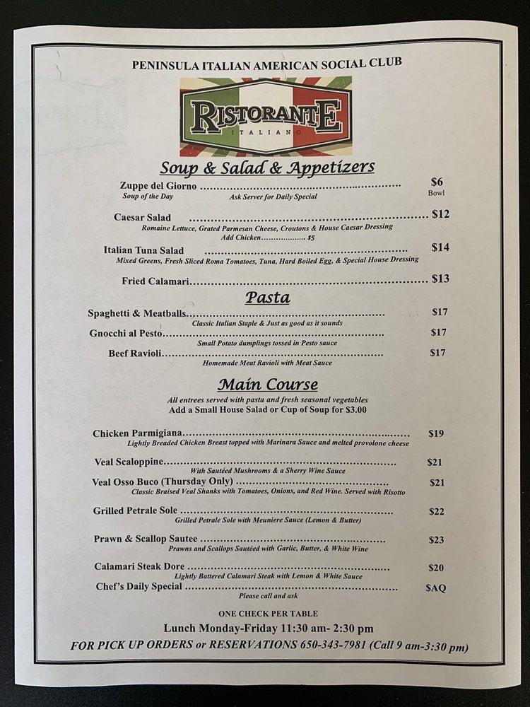 Menu at Peninsula Italian American Social Club, San Mateo