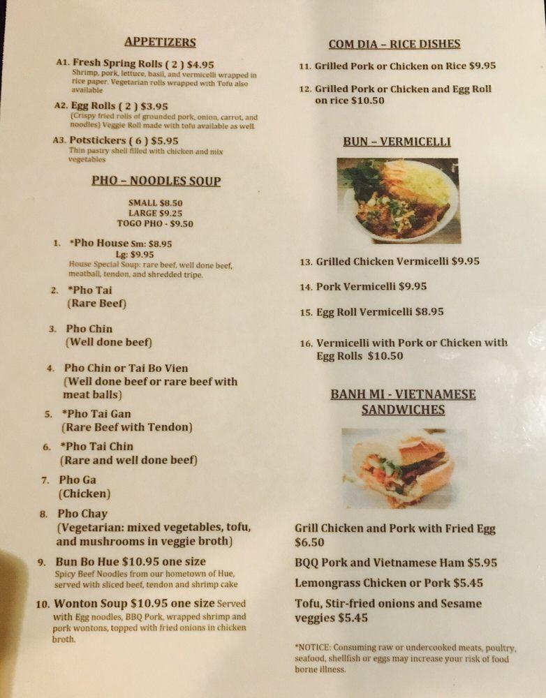 Menu at Kirkland Pho House restaurant, Kirkland